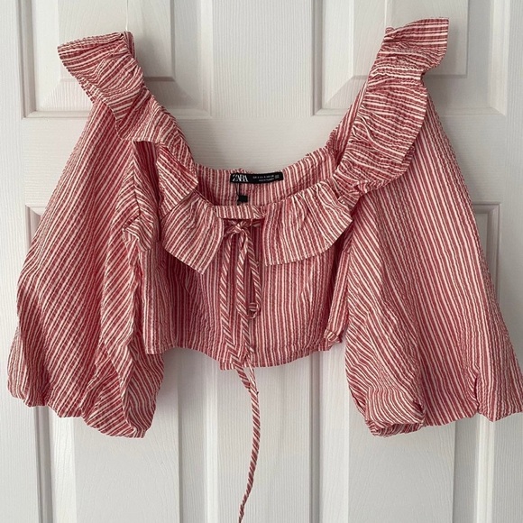 Zara | Tops | Zara Red And White Striped Ruffle Blouse | Poshmark